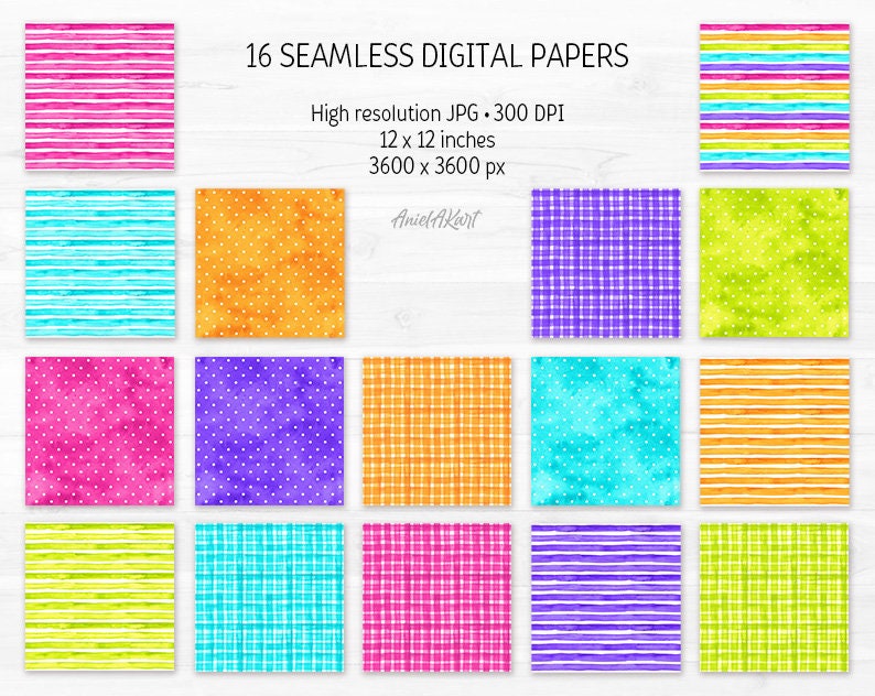 Neon Digital Paper Pack Watercolor Polka Dot Seamless Pattern Vibrant ...