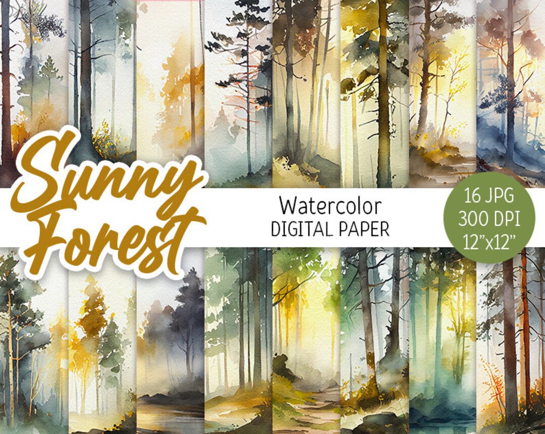 Watercolor Sunny Forest Digital Paper Pack Foggy Wood Printable ...
