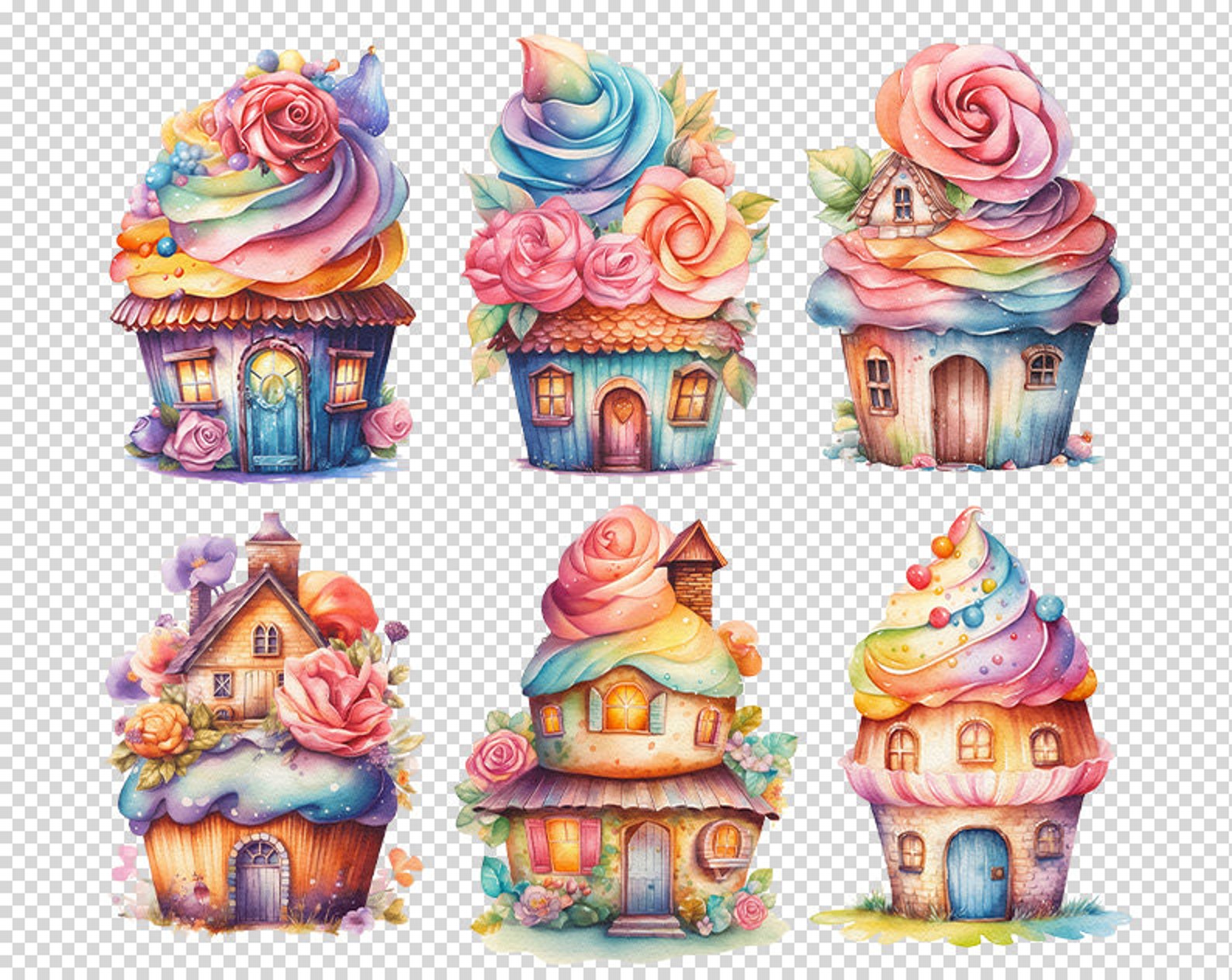 Cupcake House Clipart Watercolor Fairy House PNG Scrapbooking Clipart ...