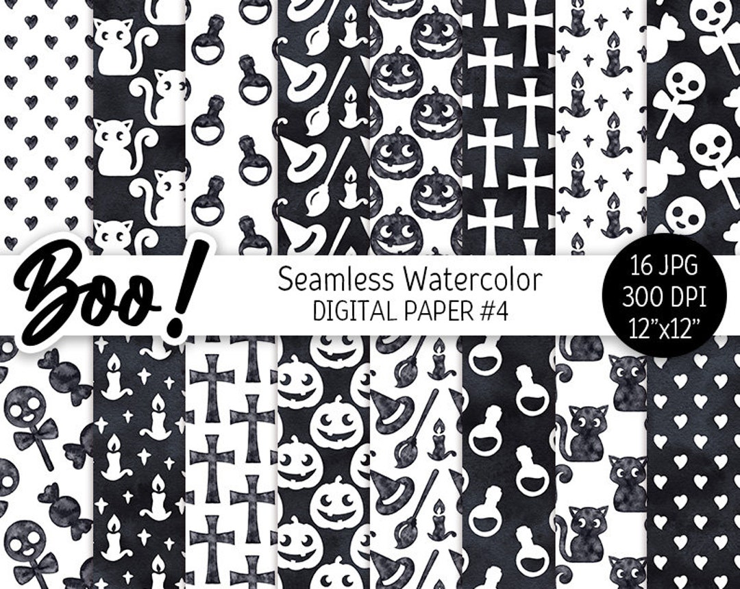 Black & White Halloween Digital Paper Pack Watercolor Seamless Pattern ...