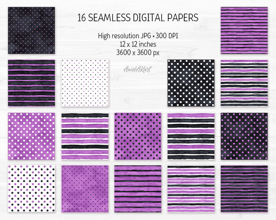 Purple Black Digital Paper Pack Watercolor Polka Dot Seamless Pattern ...