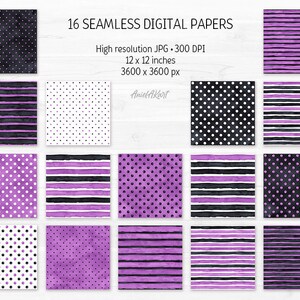 Purple Black Digital Paper Pack Watercolor Polka Dot Seamless Pattern ...
