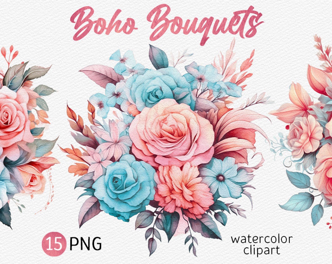 Watercolor Boho Bouquet Clipart Blue and Pink Flower Boho Wedding PNG ...