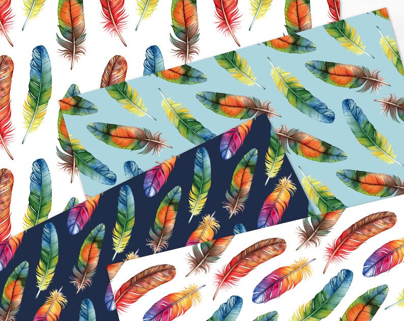 Rainbow Feather Watercolor Digital Paper Pack Colorful Exotic - Etsy