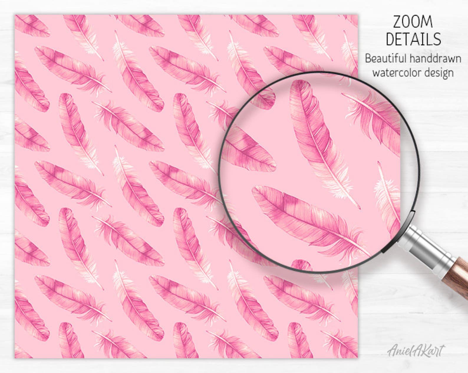 Pink Feather Watercolor Digital Paper Pack Exotic Boho Seamless Pattern ...