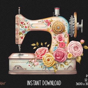 Watercolor Sewing Machine Clipart Vintage Floral Sewing Machine PNG ...