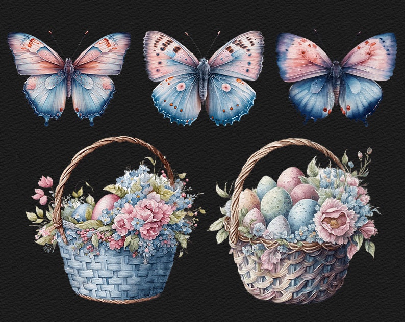 Watercolor Easter Clipart Bundle, Spring Clipart PNG, Basket Bird Eggs ...