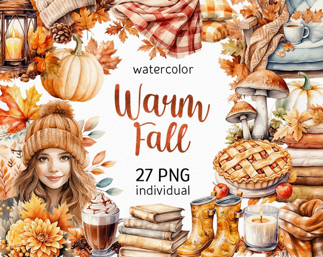 Warm Fall Watercolor Clipart Cozy Autumn PNG Graphics Girl Illustration ...