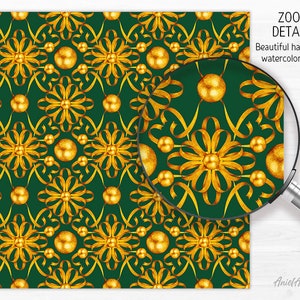 Gold Seamless Pattern Watercolor Ornaments Green Digital Paper Pack ...