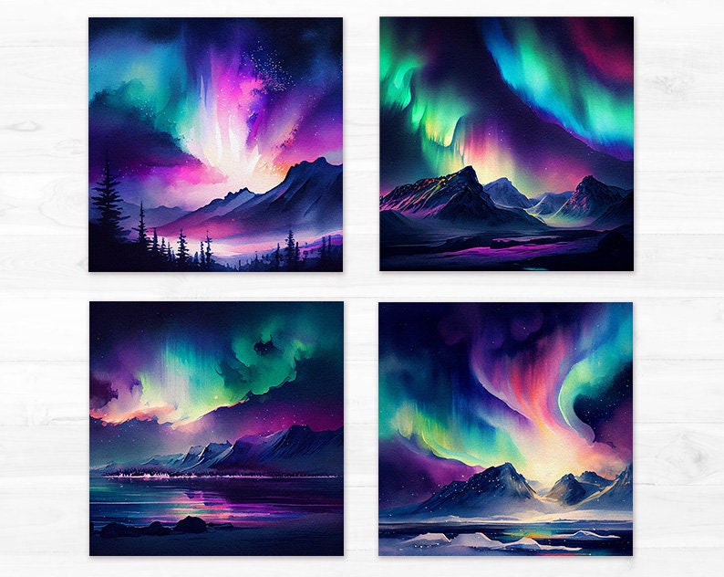 Northern Lights Digital Paper Pack Watercolor Aurora Borealis Printable ...