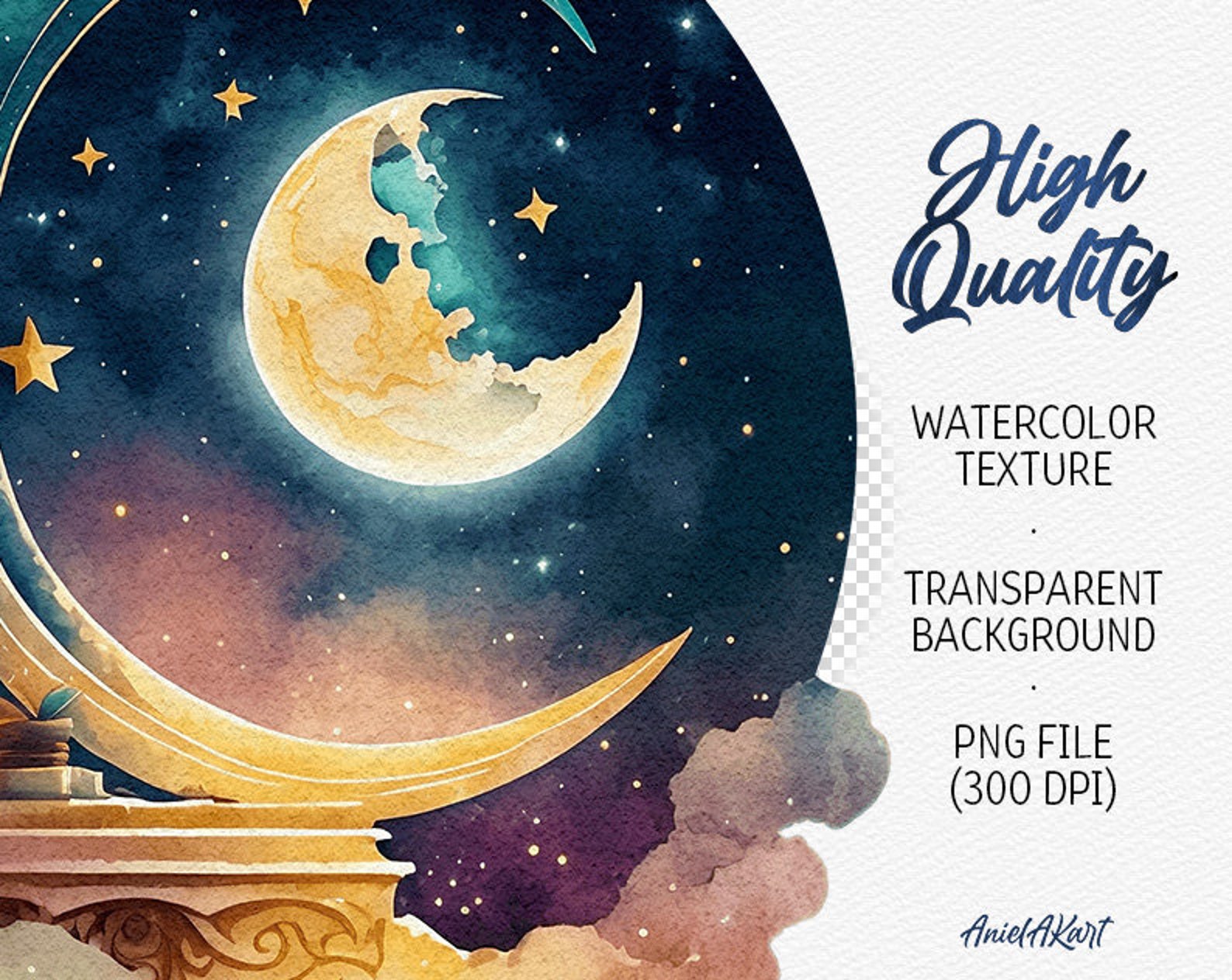 Watercolor Moon Bookworm Clipart Bundle Magic Book PNG Bookshelf Book ...
