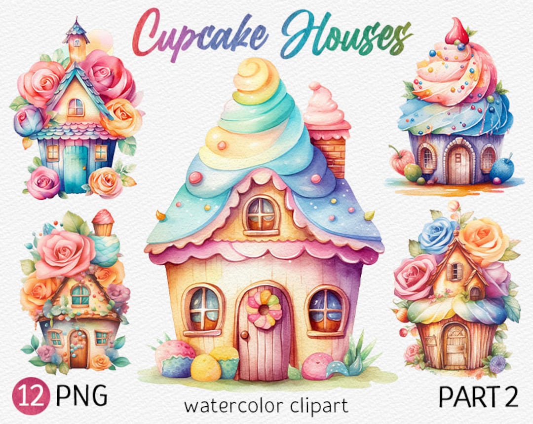 Cupcake House Clipart Watercolor Fairy House PNG Scrapbooking Clipart ...