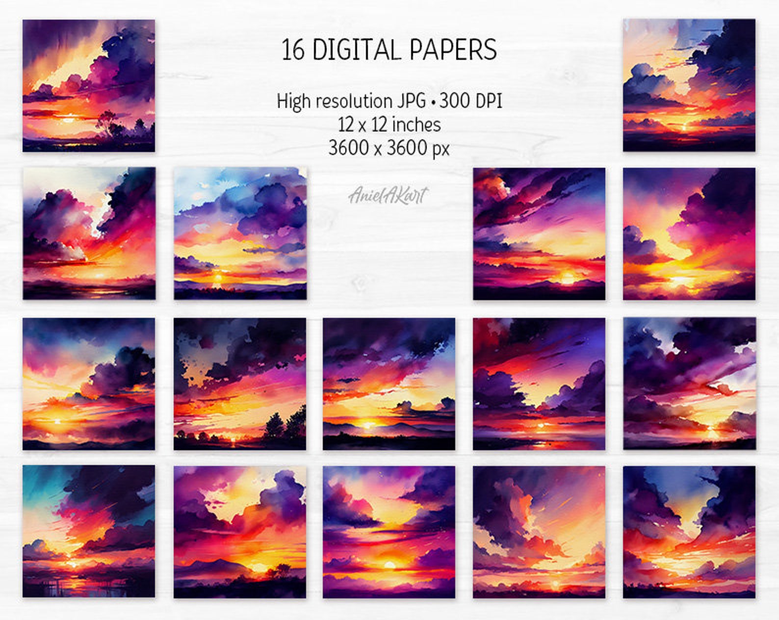 Watercolor Sunset Sky Digital Paper Pack Beach Sunset Printable ...
