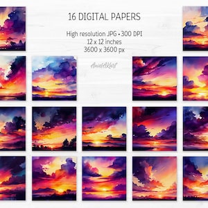 Watercolor Sunset Sky Digital Paper Pack Beach Sunset Printable ...