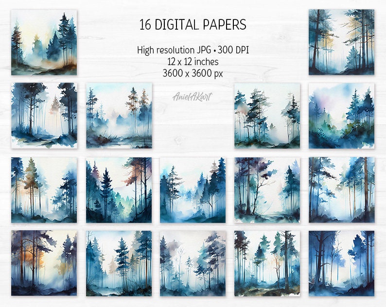 Watercolor Blue Forest Digital Paper Pack Foggy Wood Printable ...