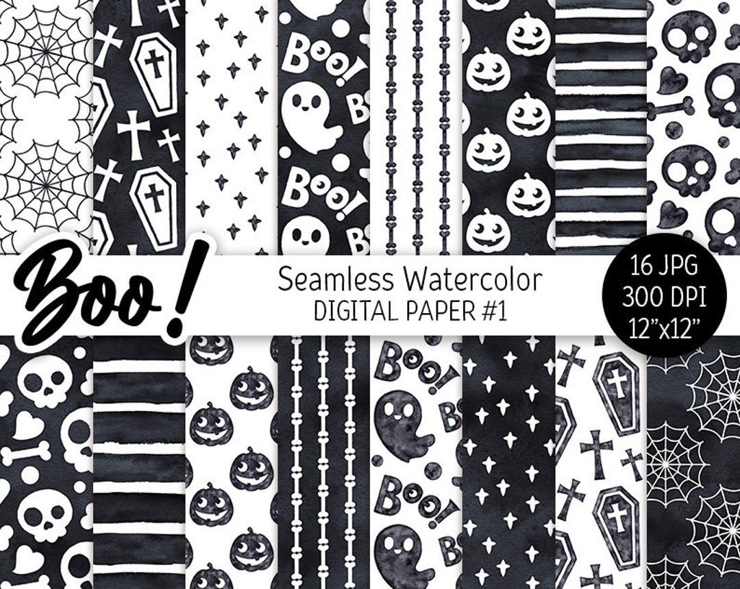 Black & White Halloween Digital Paper Pack Watercolor Seamless Pattern ...