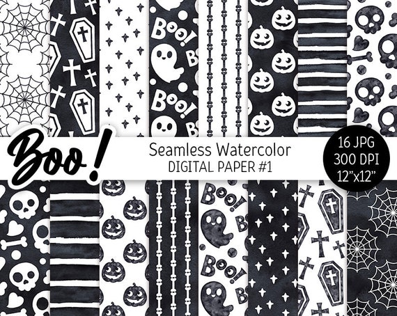 Black & White Halloween Digital Paper Pack Watercolor Seamless - Etsy