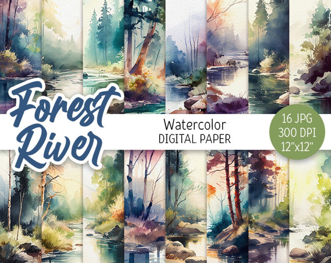 Watercolor Forest River Digital Paper Pack Foggy Wood Printable ...