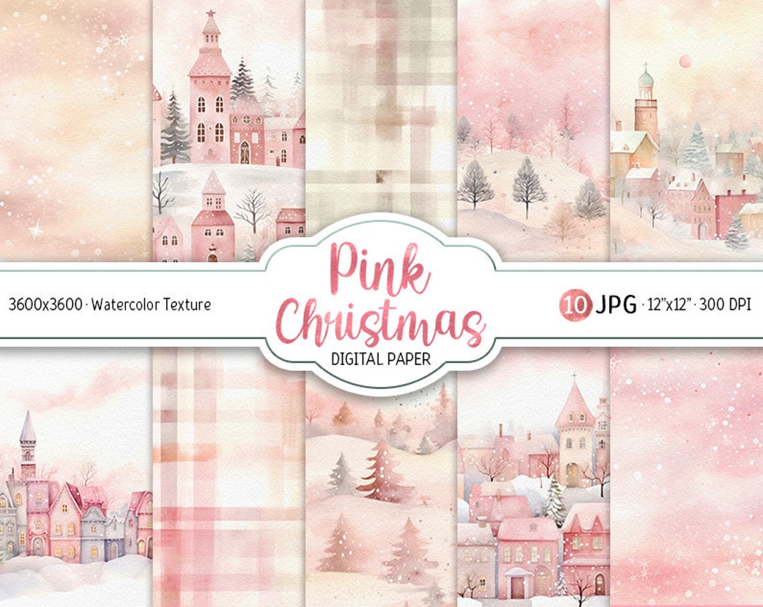 Pink Christmas Digital Paper Pack Watercolor Winter Village Printable ...