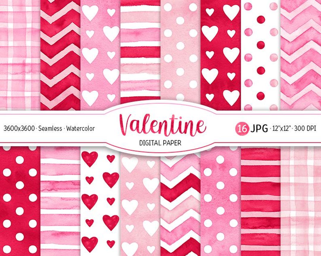 Valentine's Day Digital Paper Pack Watercolor Hearts Seamless Pattern ...