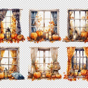 Watercolor Fall Window Clipart Cozy Autumn PNG Graphics Autumn Leaves ...