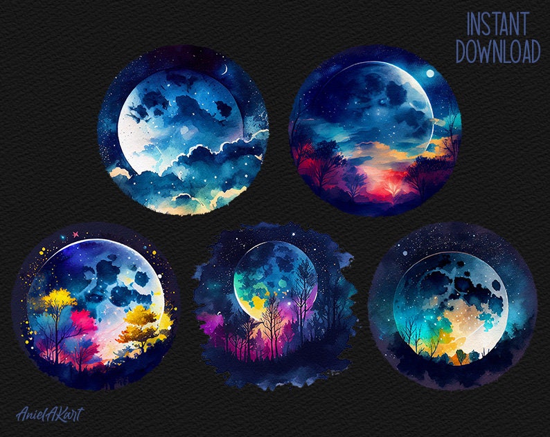 Watercolor Full Moon Clipart Bundle Magic Starry Night PNG Cozy ...