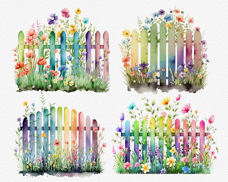 Watercolor Garden Fence Clipart Spring Floral PNG Scrapbooking Clipart ...