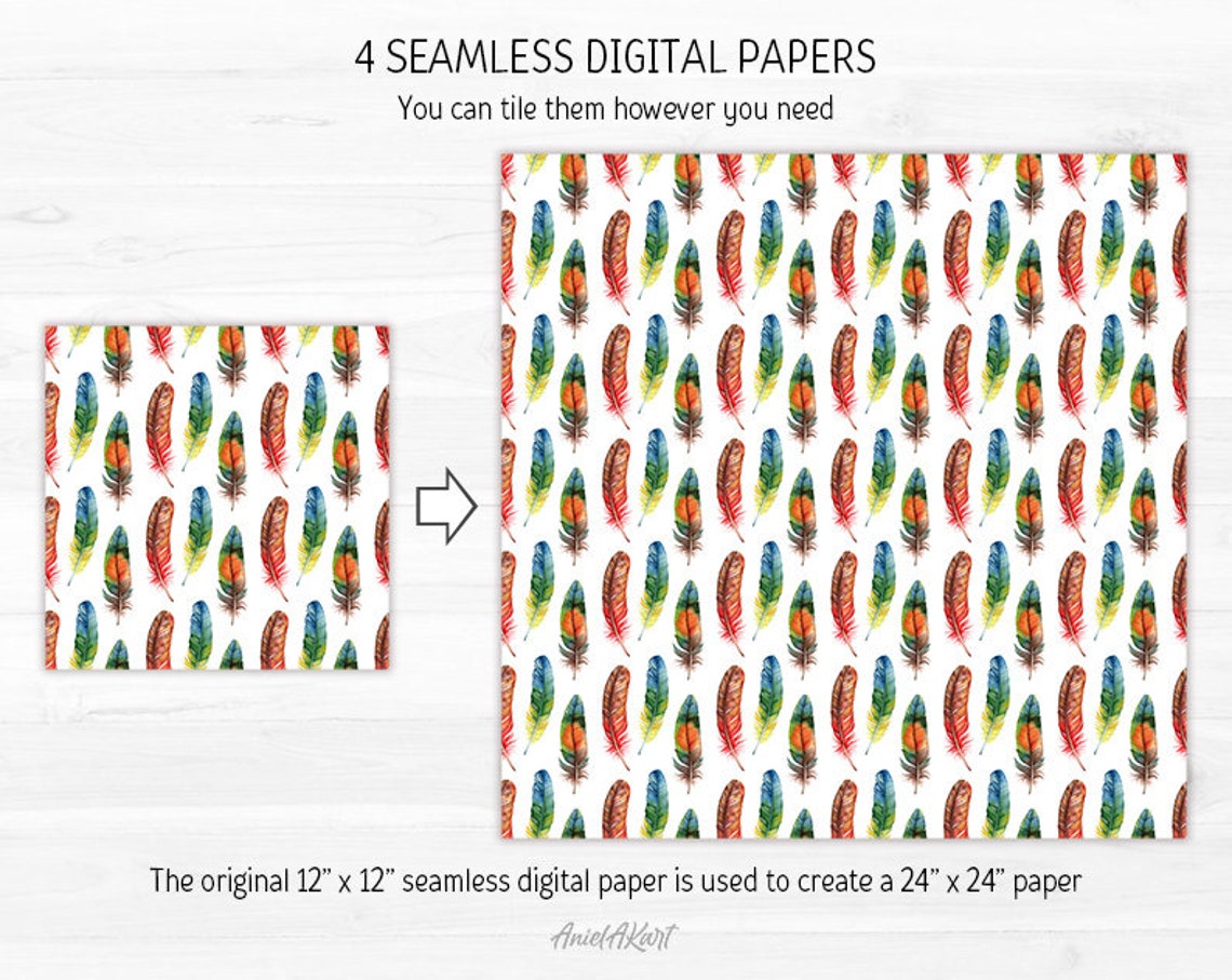 Rainbow Feather Watercolor Digital Paper Pack Colorful Exotic Boho ...