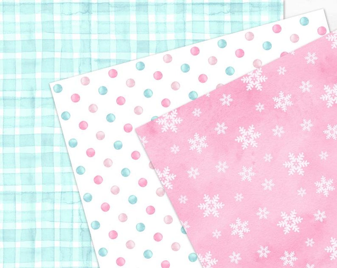 Mint & Pink Christmas Seamless Pattern Watercolor Snowflakes Digital ...