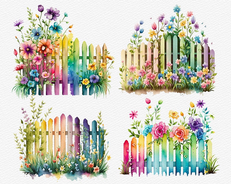 Watercolor Garden Fence Clipart Spring Floral PNG Scrapbooking Clipart ...