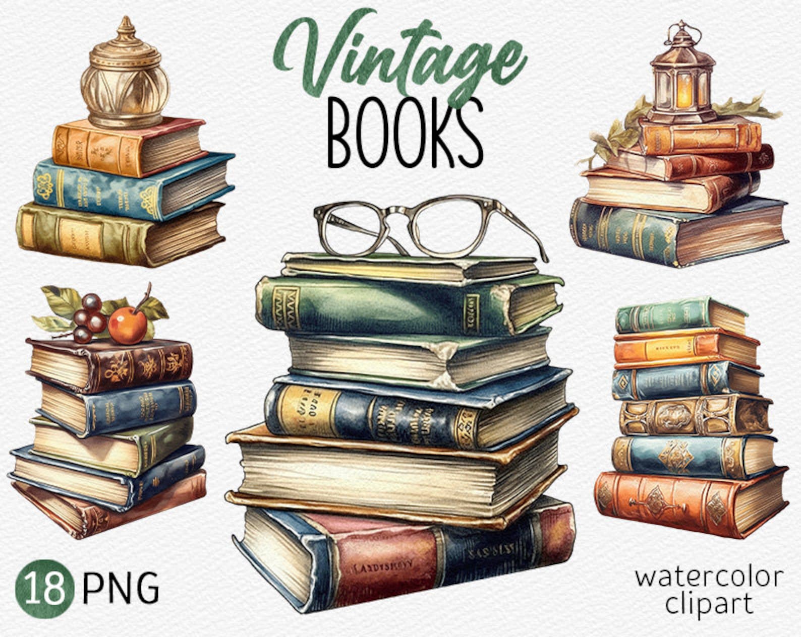 Watercolor Vintage Books Clipart Pack Old Book PNG Bundle Book Stack ...