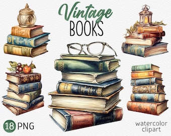 Watercolor Vintage Books Clipart Pack Old Book PNG Bundle Book Stack ...