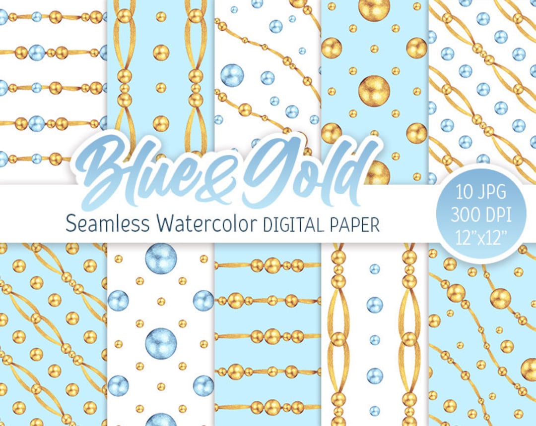 Gold Blue Seamless Pattern Watercolor Polka Dot Digital Paper Pack Gold ...