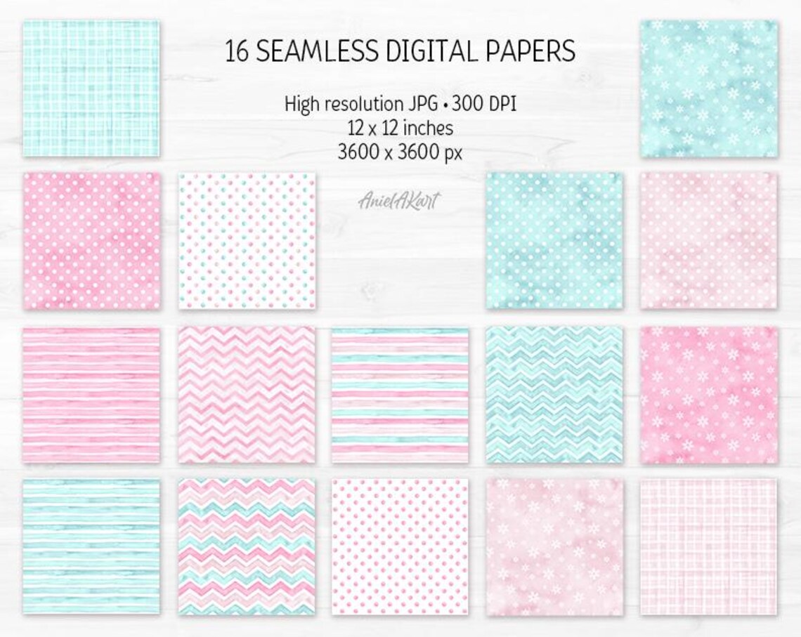 Mint & Pink Christmas Seamless Pattern Watercolor Snowflakes Digital ...