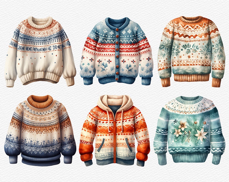 Watercolor Winter Sweater Clipart Bundle Ugly Christmas Sweater PNG ...