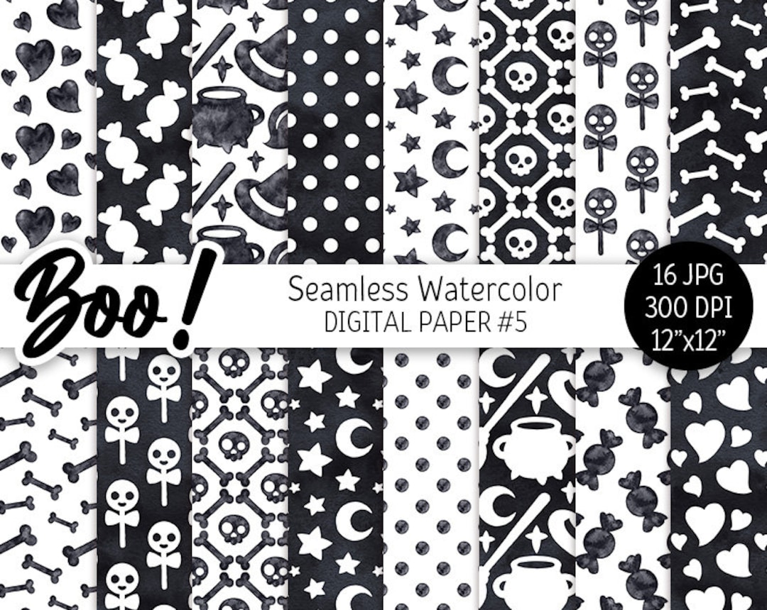 Black & White Halloween Digital Paper Pack Watercolor Seamless Pattern ...