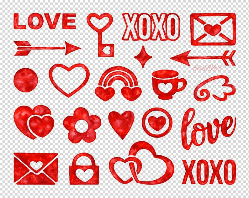 Watercolor Valentine's Day Clipart Valentine PNG Red Love - Etsy