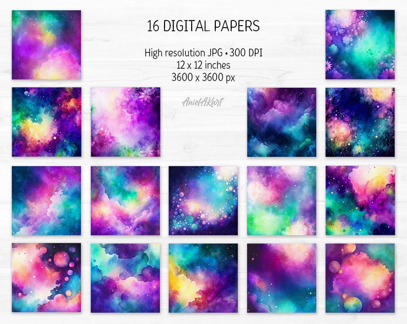 Cosmic Clouds Digital Paper Pack Watercolor Galaxy Night Printable ...