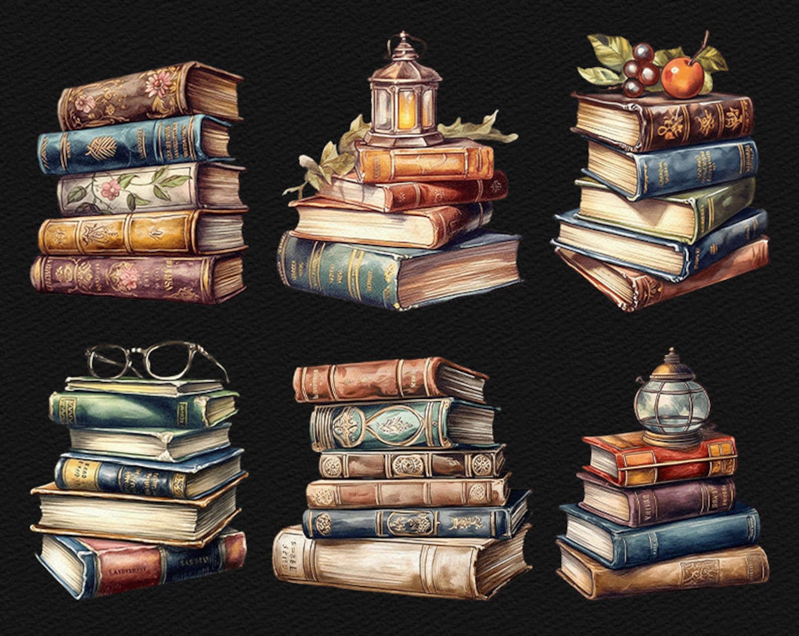 Watercolor Vintage Books Clipart Pack Old Book PNG Bundle Book Stack ...