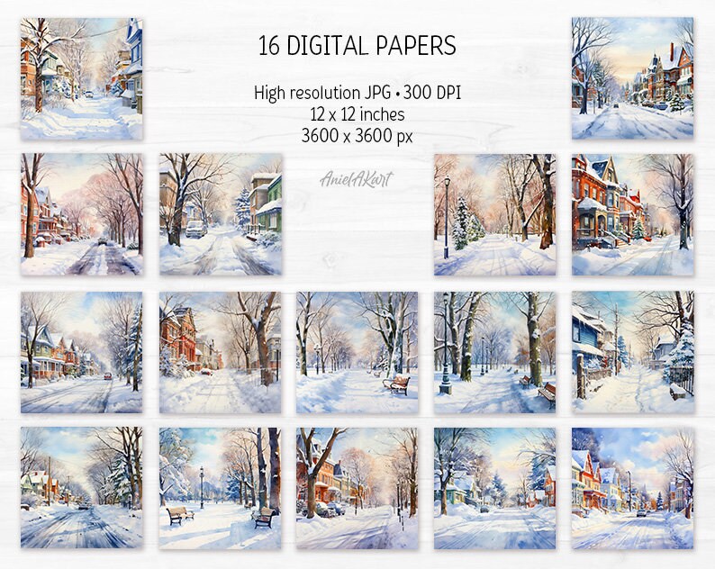 Watercolor Winter Digital Paper Pack Winter Town Printable Scrapbooking ...