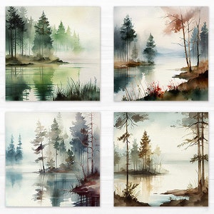 Watercolor Forest Lake Digital Paper Pack Foggy Wood Printable ...