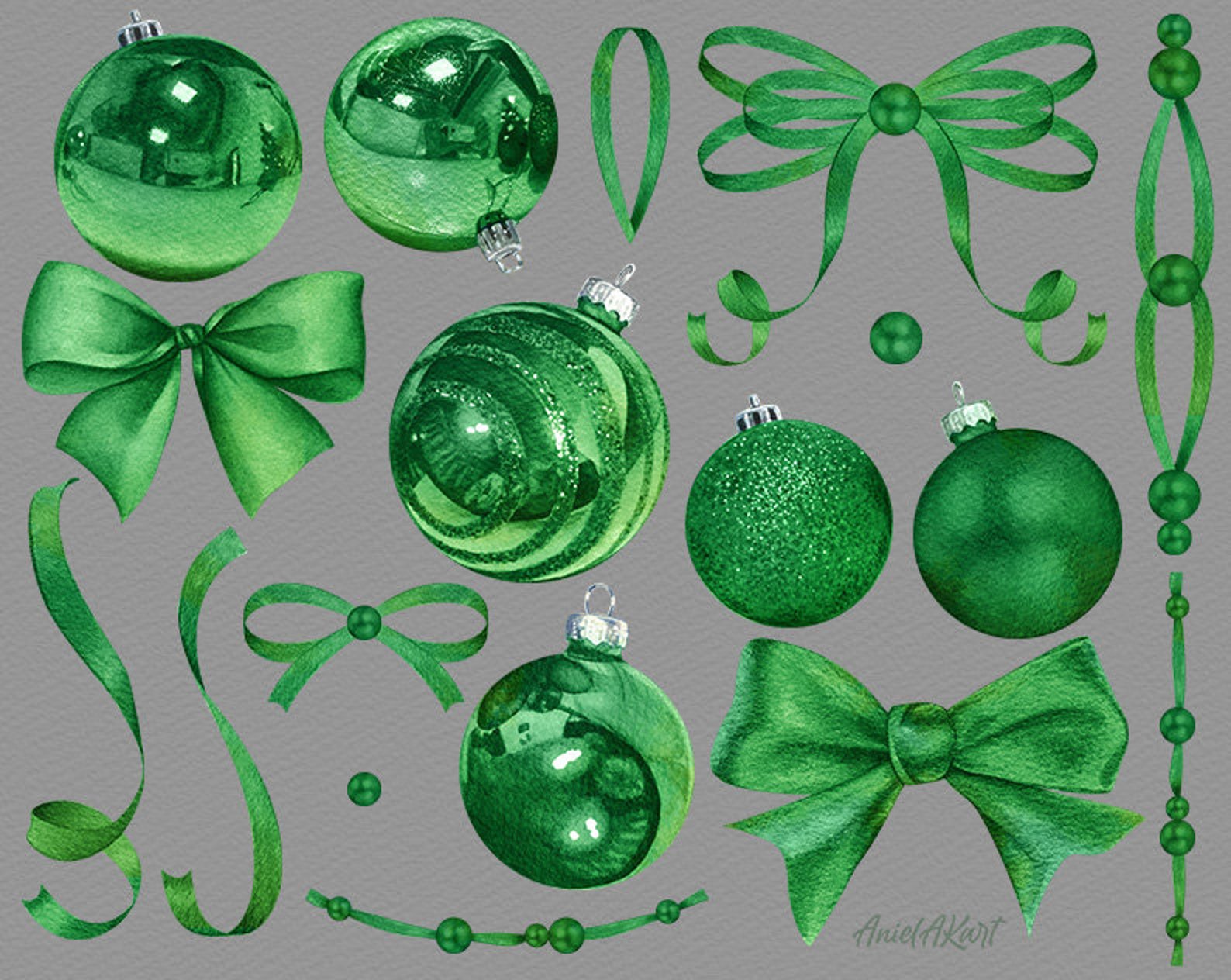 Green Christmas Clipart Watercolor Ribbon Clipart Christmas Decor Green ...