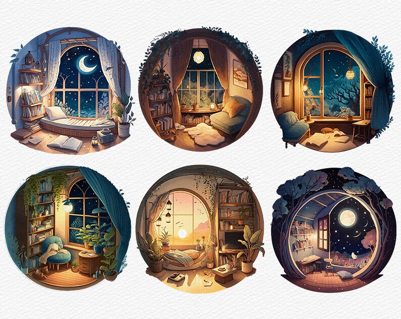 Watercolor Night Reading Nook Clipart Bundle Reading Corner PNG ...