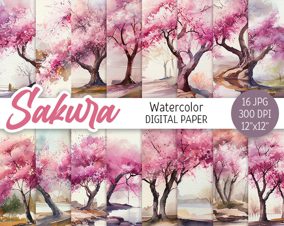 Watercolor Sakura Tree Digital Paper Pack Pink Cherry Blossom Printable ...