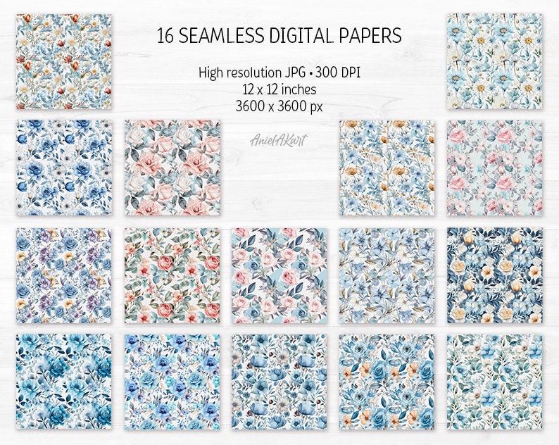 Watercolor Floral Digital Paper Pack Flower Seamless Pattern Printable ...