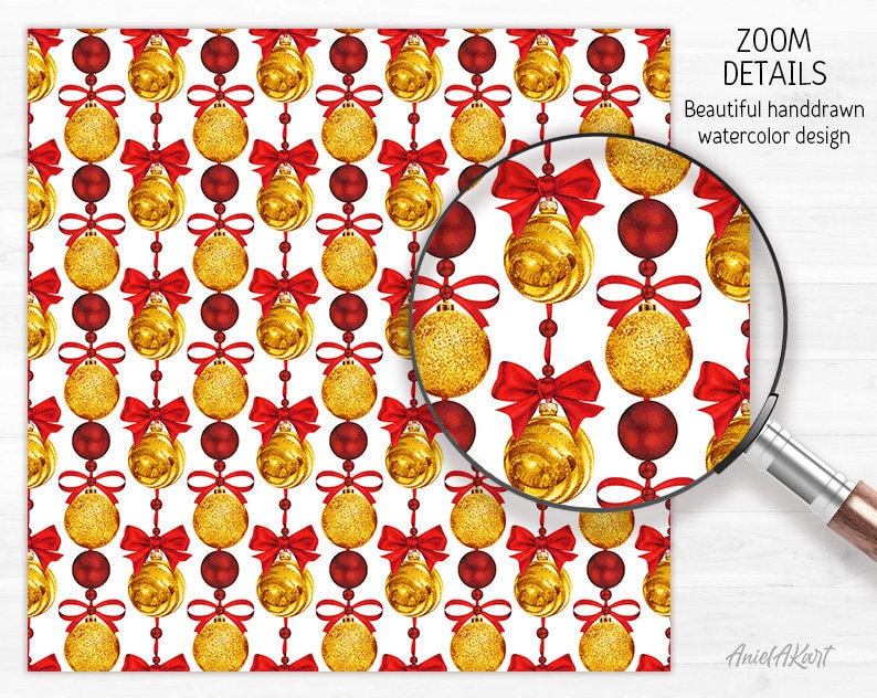 Christmas Watercolor Digital Paper Pack Bows and Balls Seamless Pattern ...