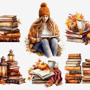 Watercolor Fall Reading Clipart Pack Watercolor Autumn Book PNG Bundle ...