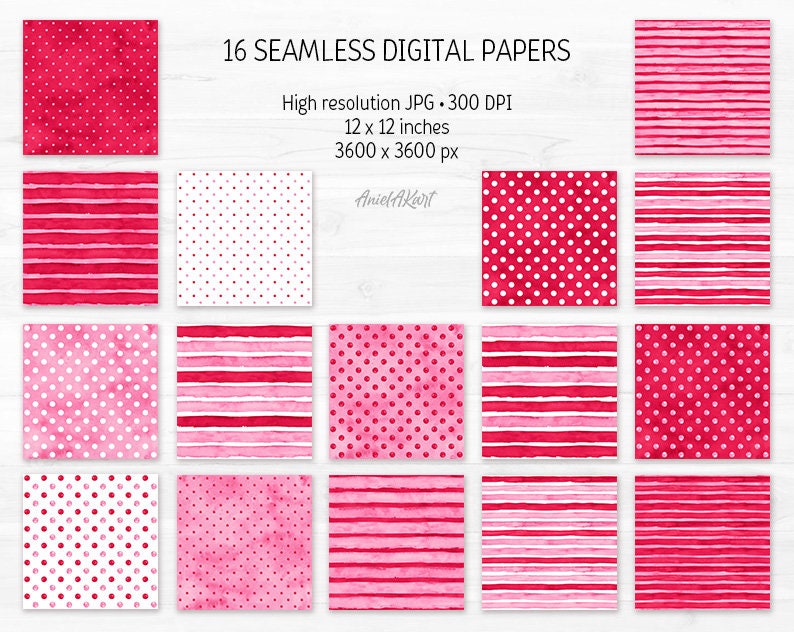 Valentine Digital Paper Pack Watercolor Polka Dot Seamless Pattern ...