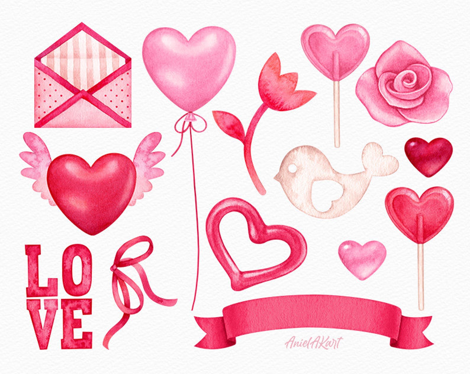 Watercolor Valentine's Day Clipart Valentine PNG Red Love | Etsy