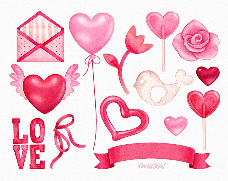 Watercolor Valentine's Day Clipart Valentine PNG Red Love - Etsy